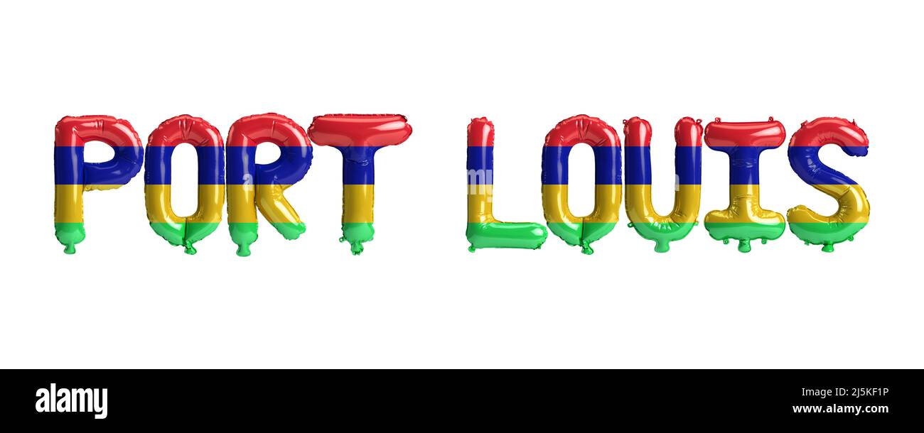 3d illustration of Port Louis capital balloons with Mauritius flags ...