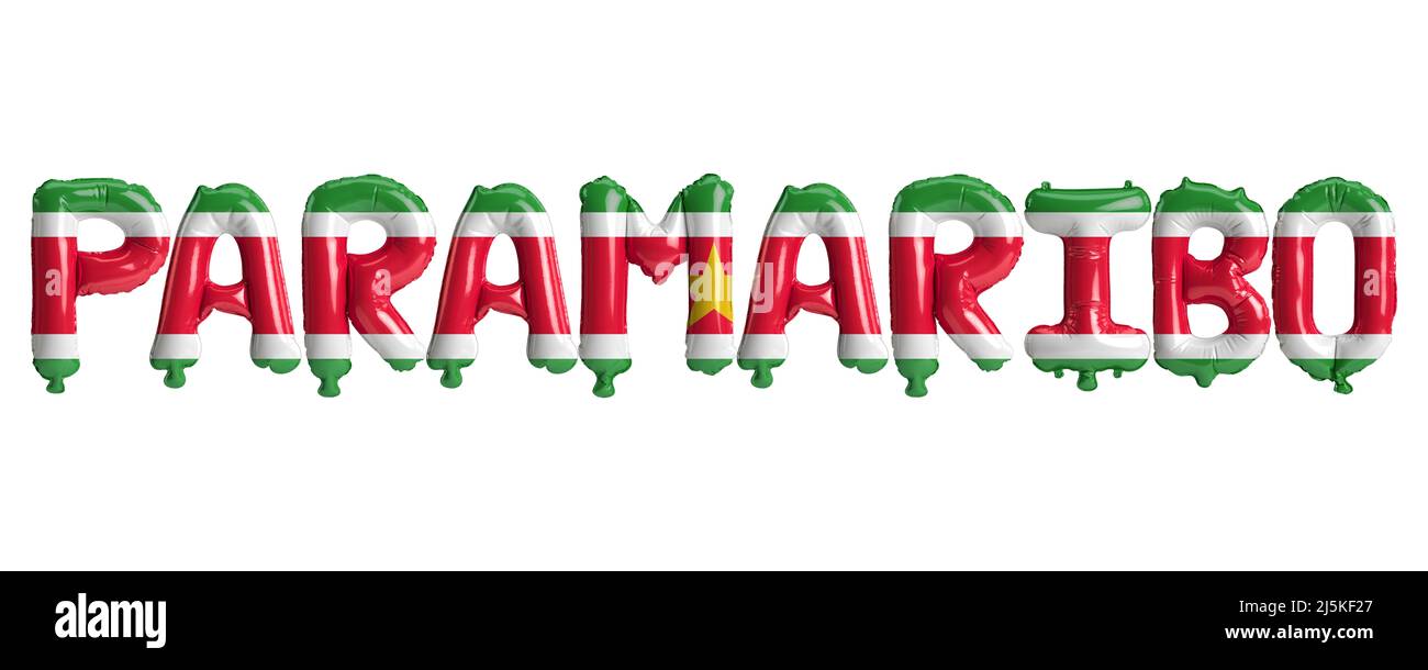 3d illustration of Paramaribo capital balloons with Suriname flags ...