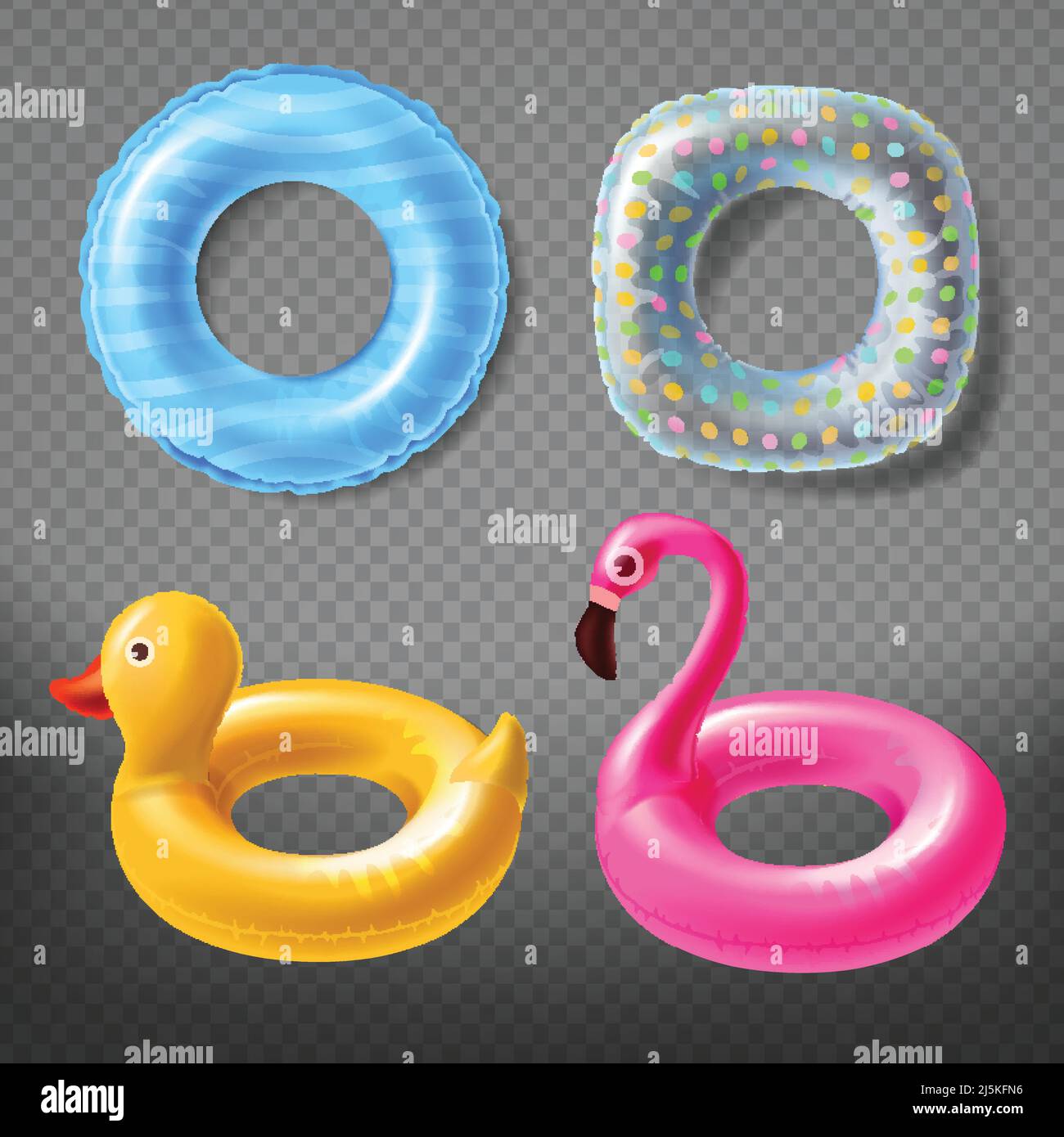 Vector realistic rubber rings - yellow duck, childish pink flamingo or ...