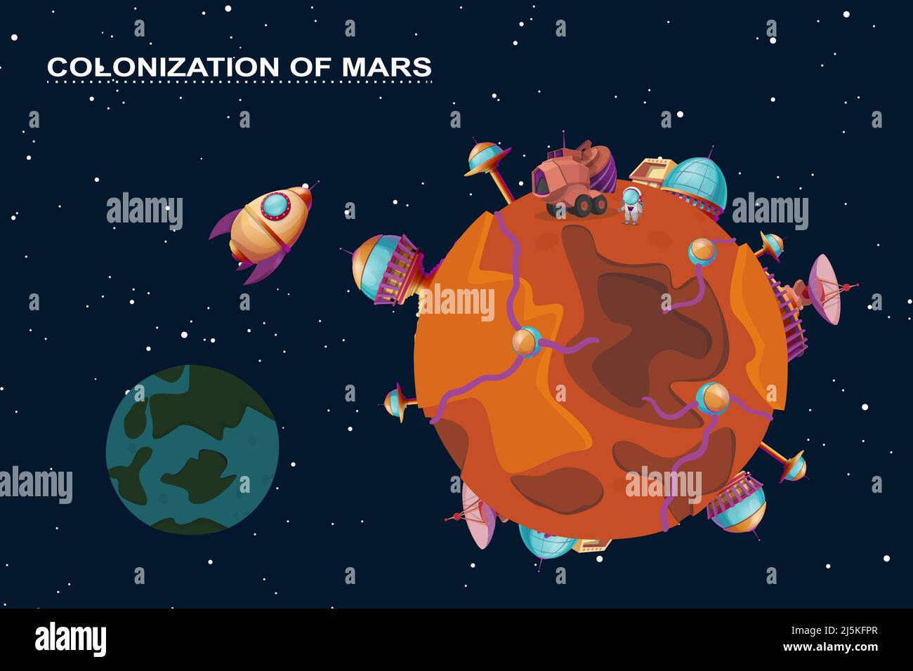 Vector cartoon mars colonization concept. Red planet in space, cosmos ...