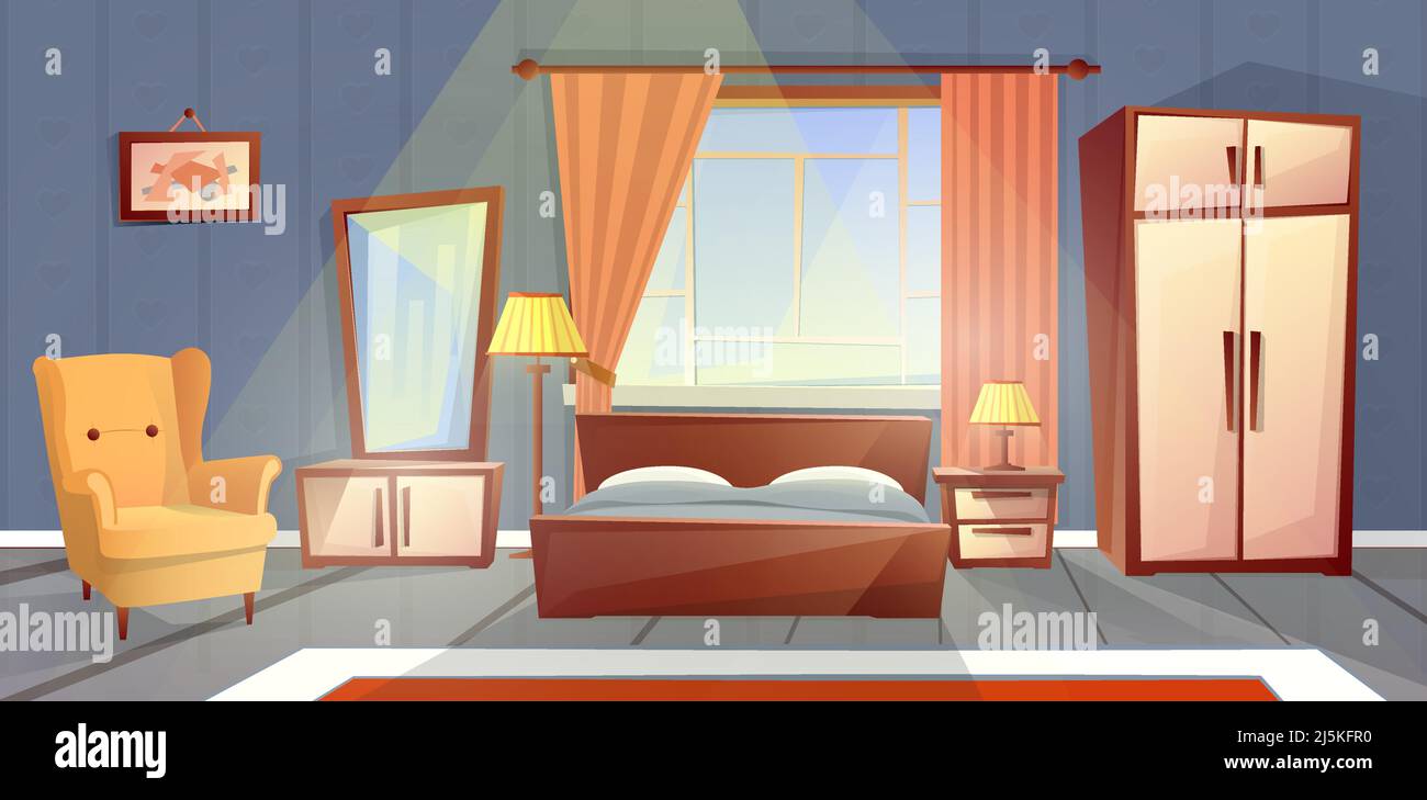 Vector cartoon interior of cozy bedroom with window. Living apartment ...