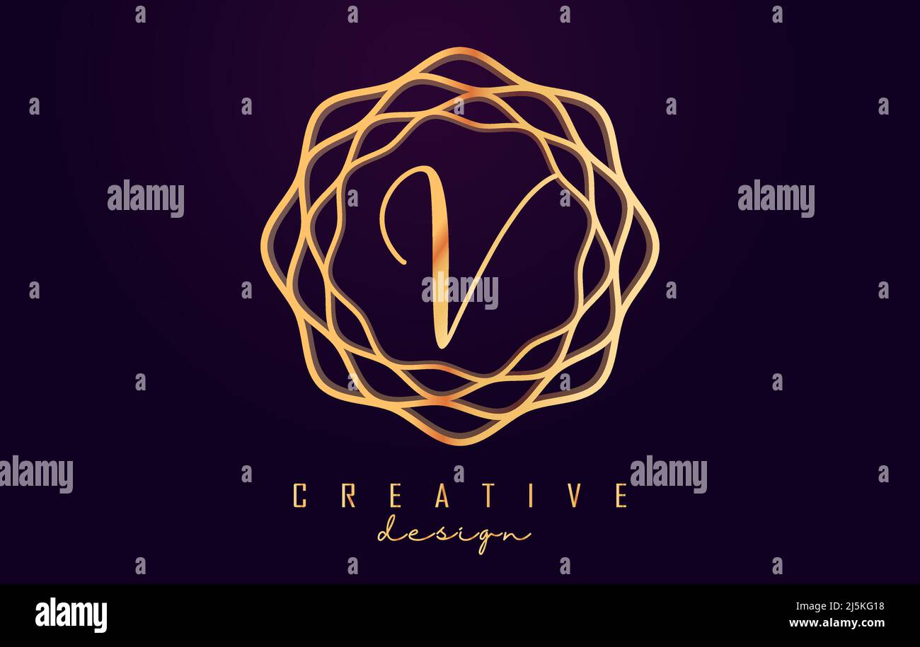 Golden gradient V letter logo. Vector letter with wavy monogram design ...