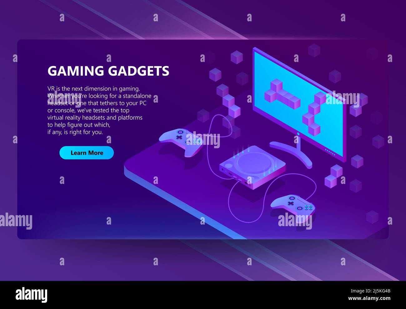 Vector 3d isometric template for site construction. Portal background with button, violet game ...