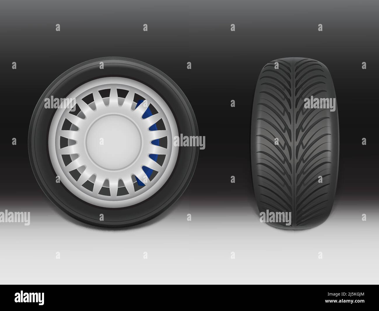 Vector 3d realistic black tire with brake caliper in side and front ...