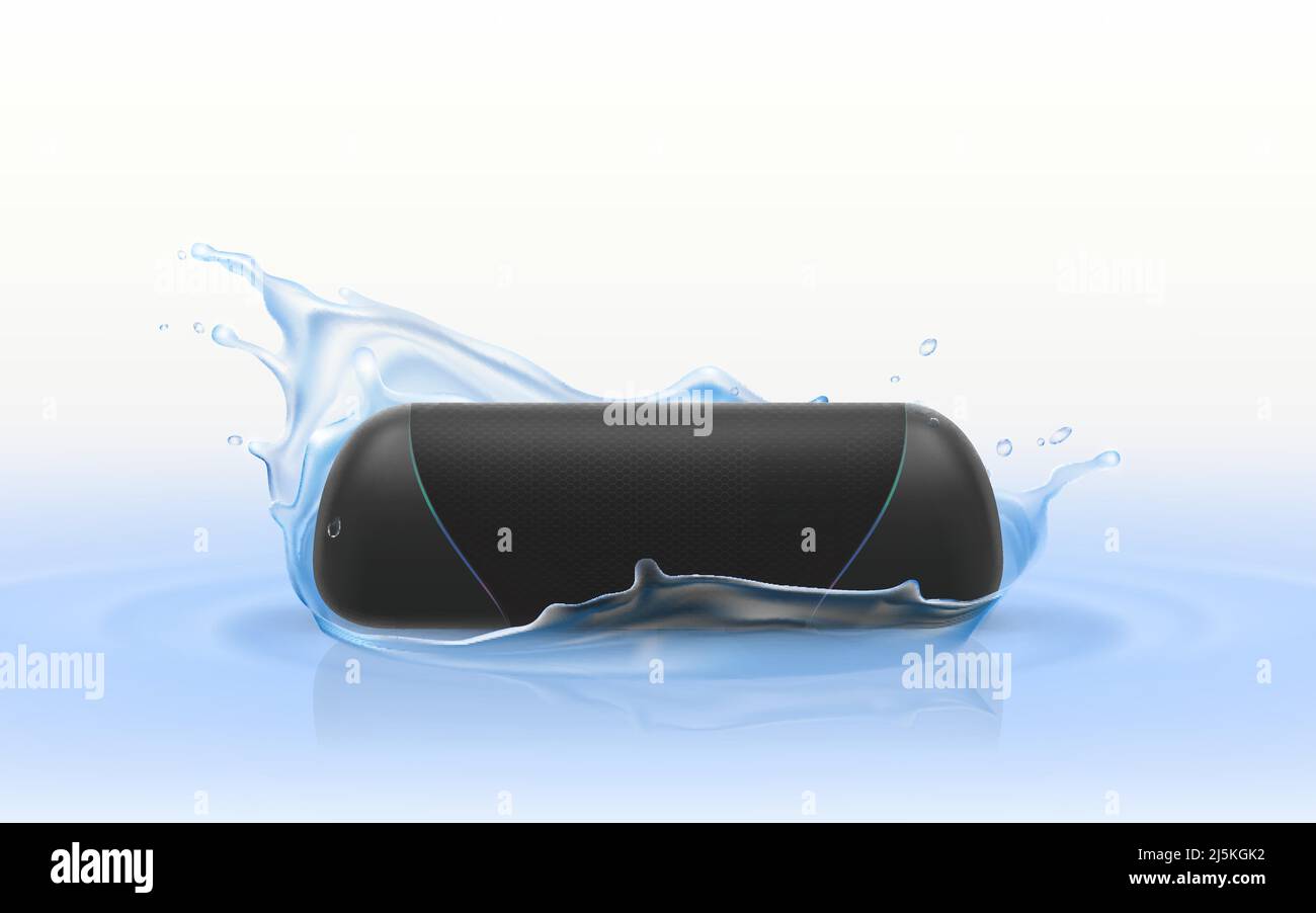Vector 3d realistic portable loudspeaker in blue water. Waterproof ...
