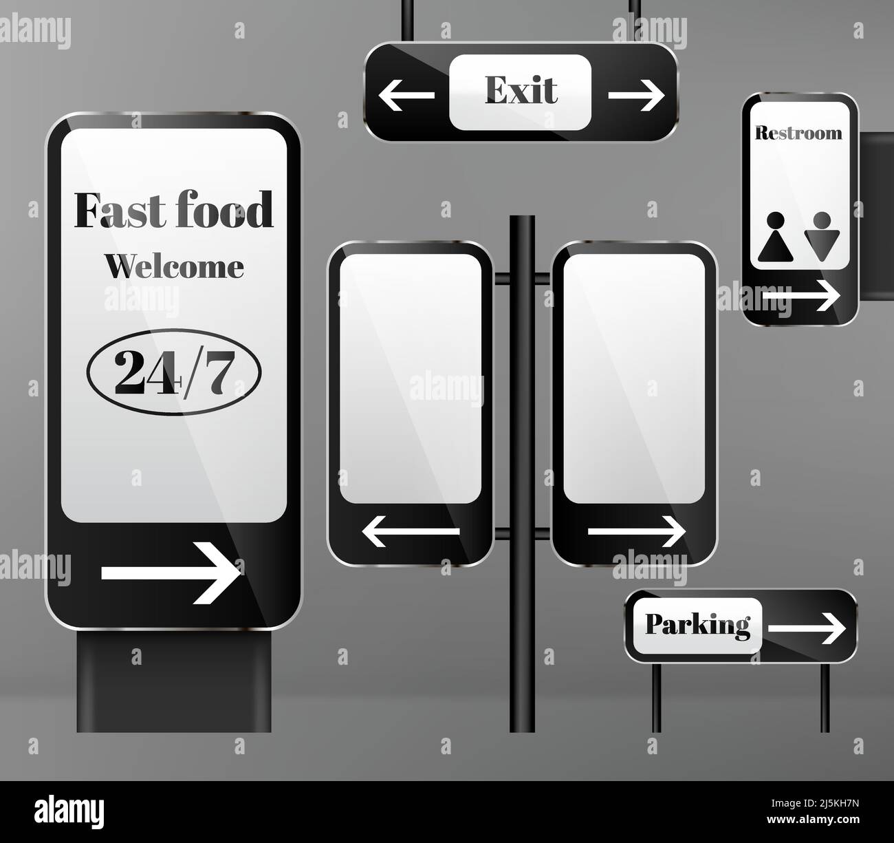 Vector set of street signposts on metal poles, direction signs with ...