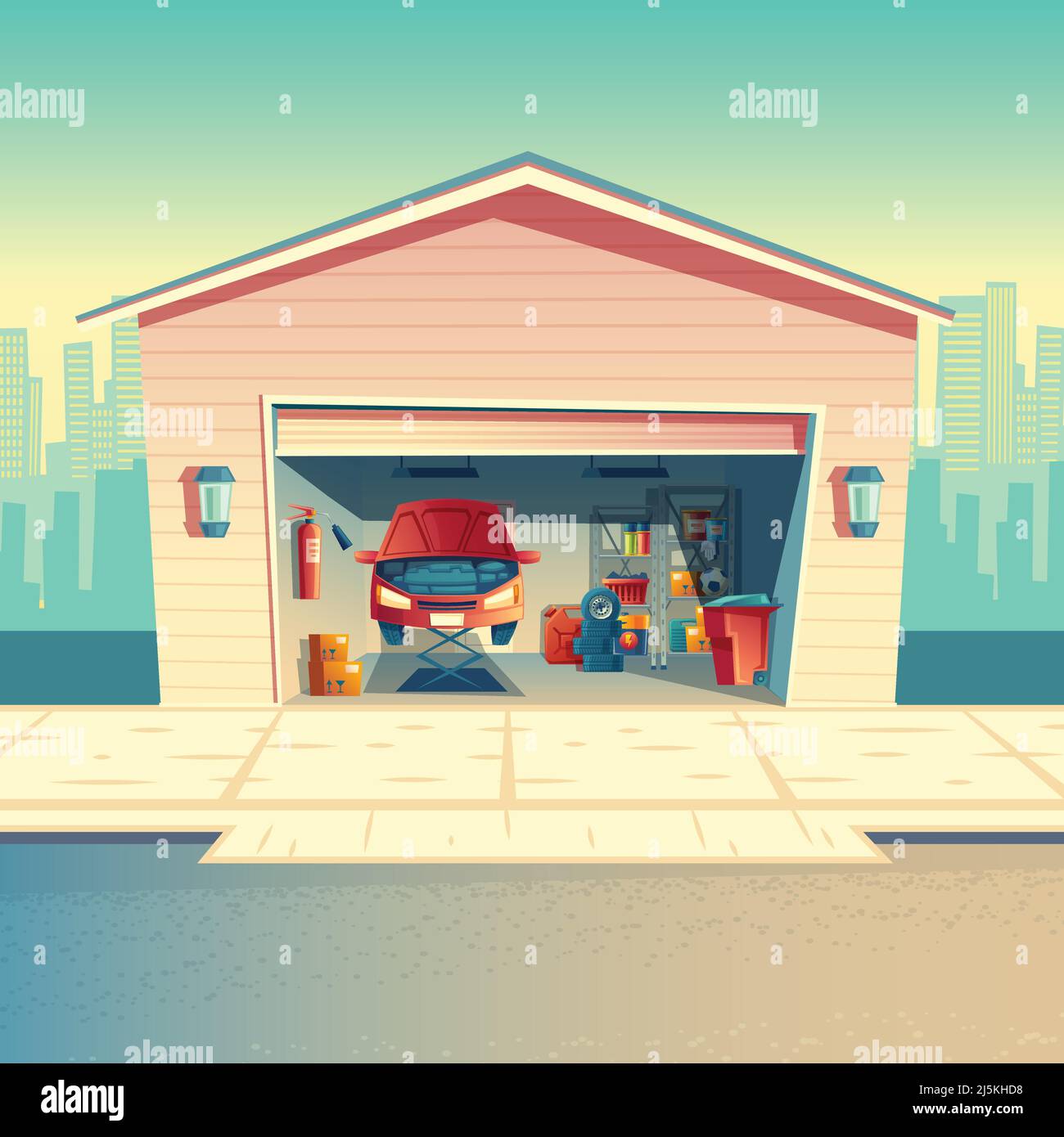 Vector cartoon mechanic workshop with car. Repairing or fixing vehicle ...