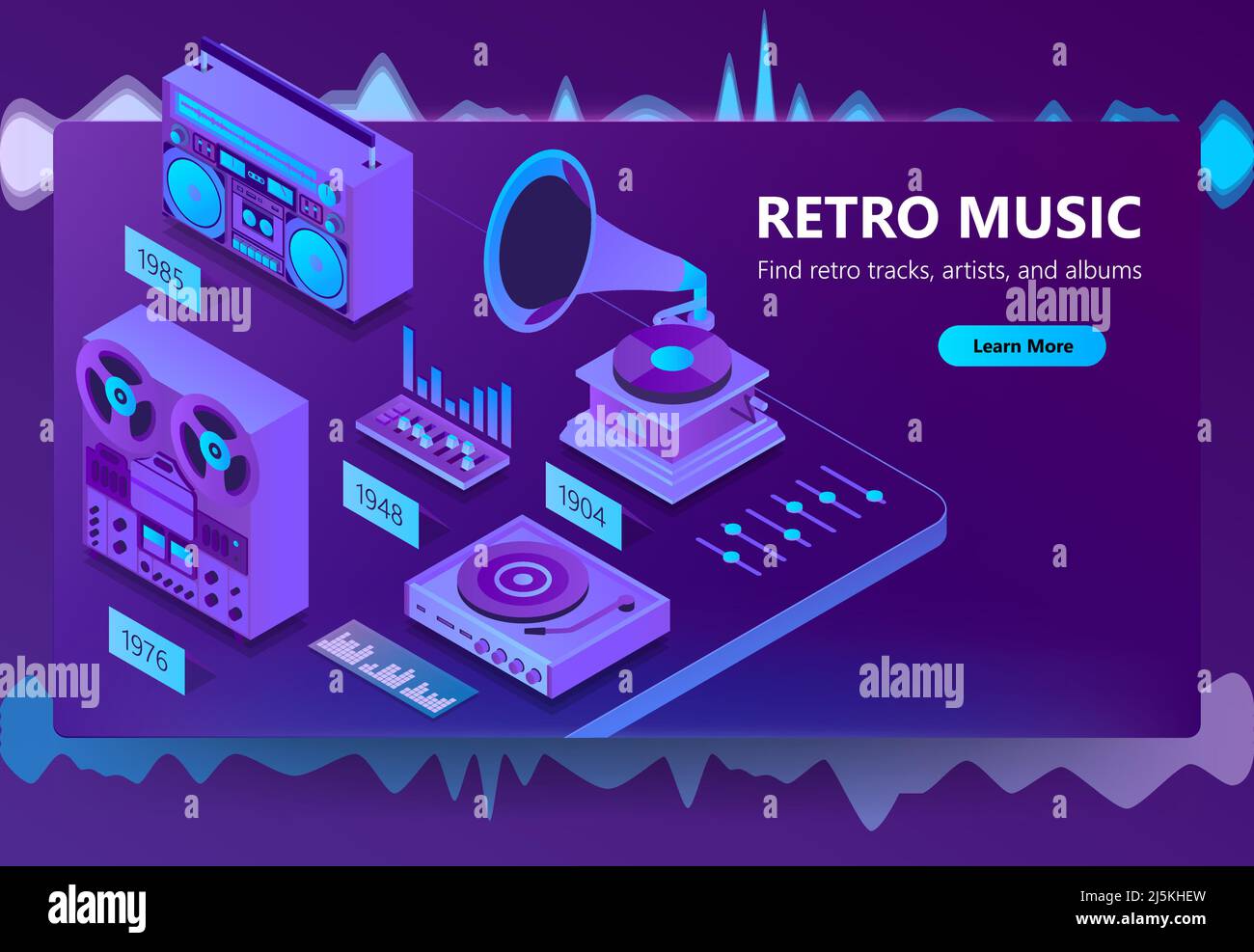 Vector 3d isometric template of site of online listening retro music ...
