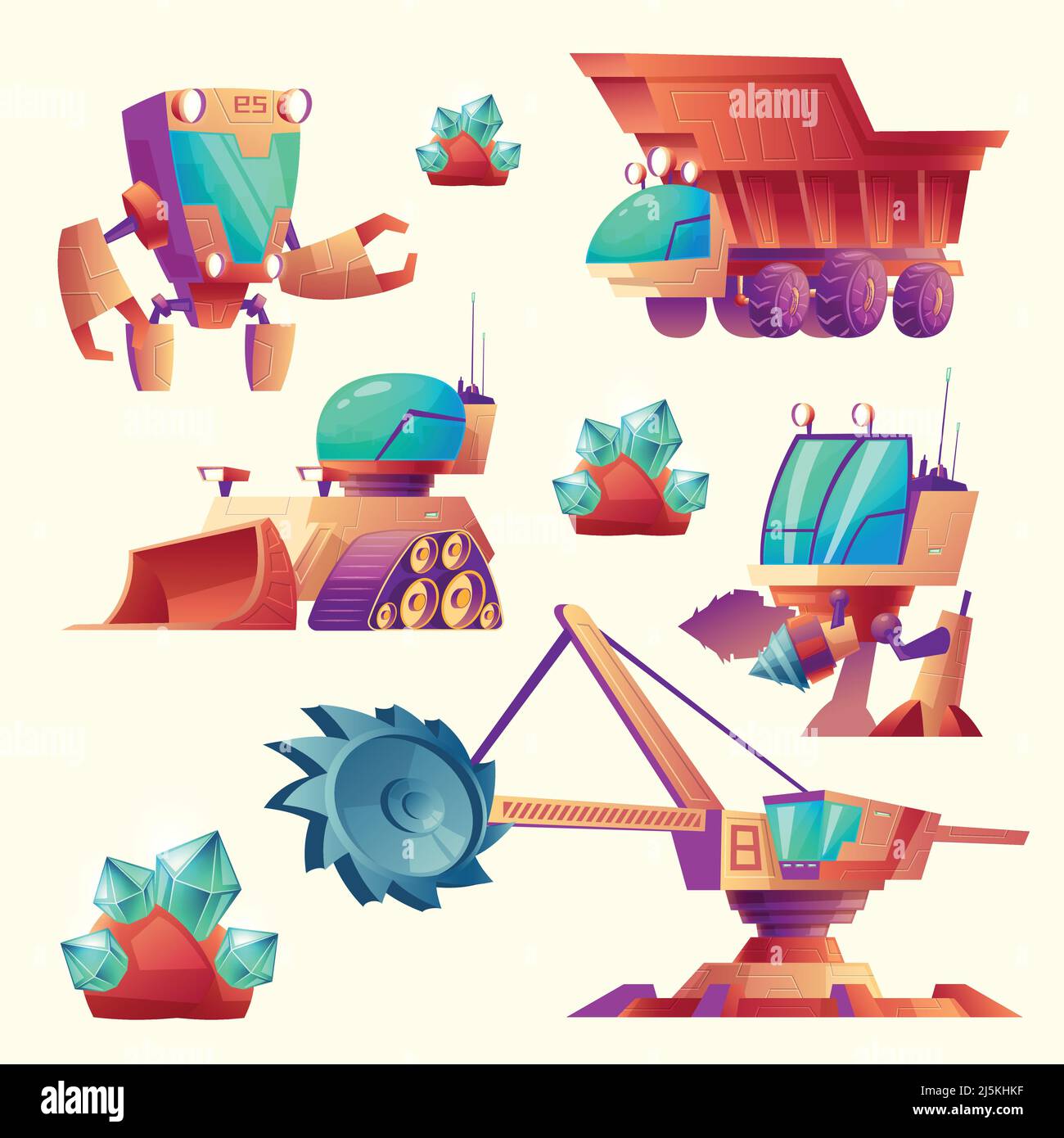 Vector cartoon set of mining machinery for planets, futuristic devices ...