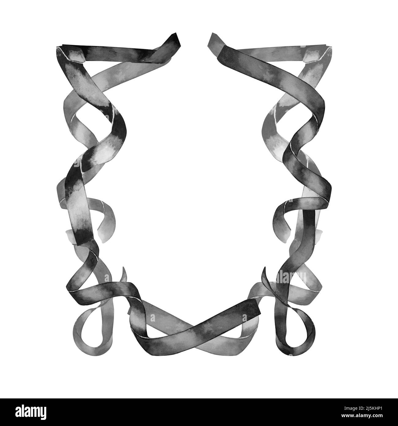 Ribbons frame in black and white watercolor illustration on white ...