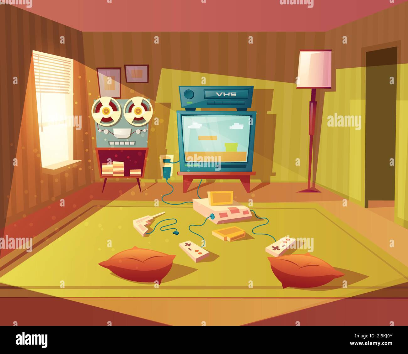 Vector cartoon illustration of empty playroom for children with game 8 ...