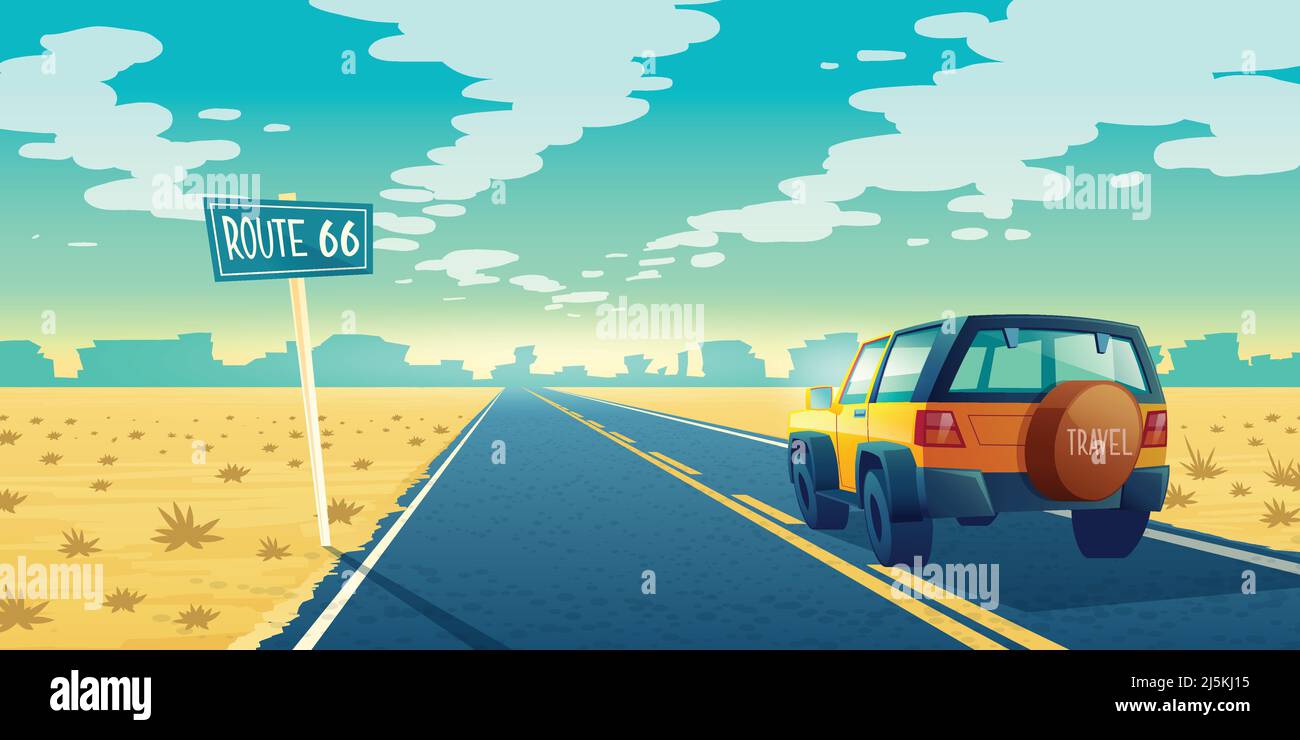 Vector cartoon landscape of barren desert with long highway. Car rides ...