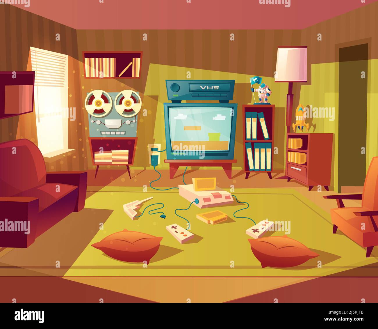 Vector illustration of cartoon living room at 80s, 90s. Video games ...