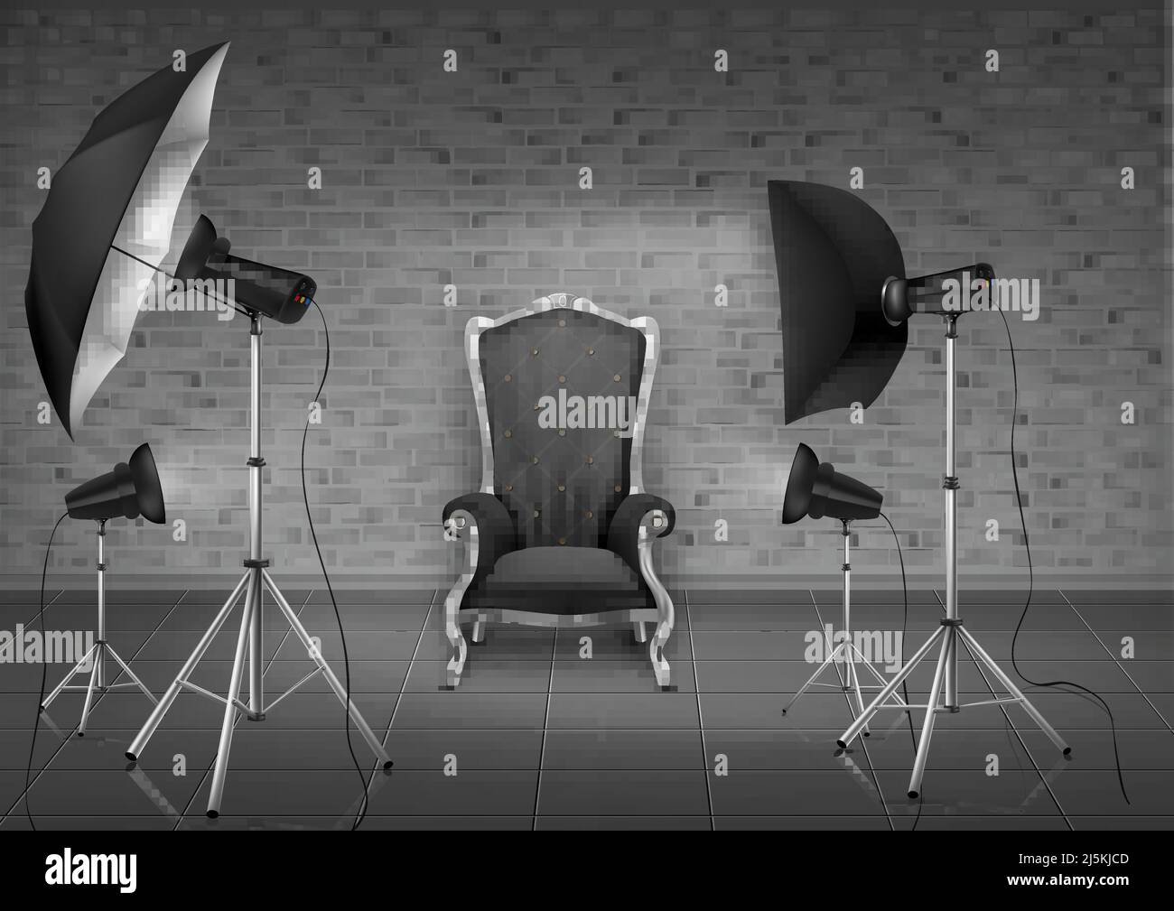 Vector background, photo studio with empty armchair and gray brick wall ...