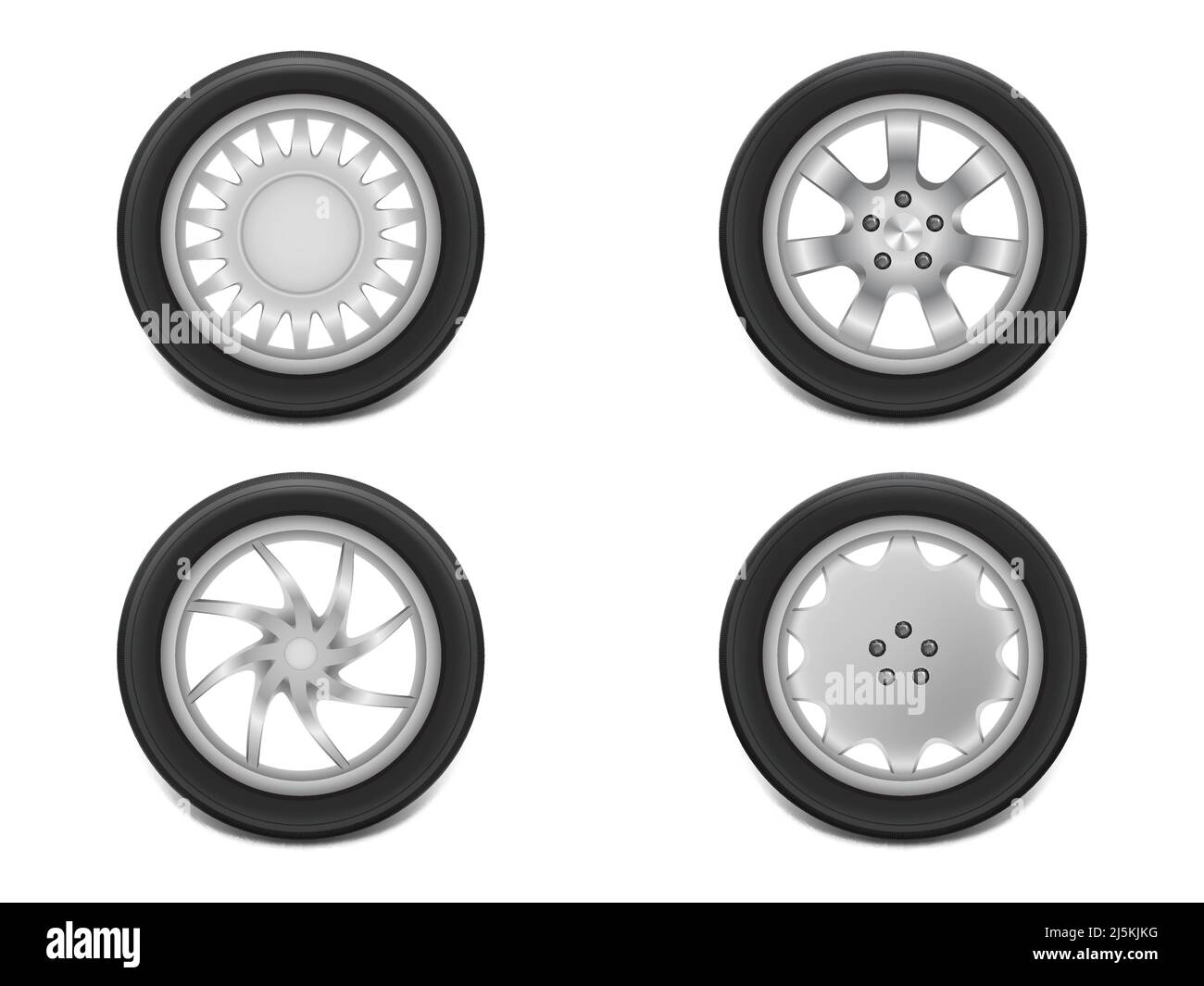 Vector 3d realistic black tires in side view, shining steel and rubber ...