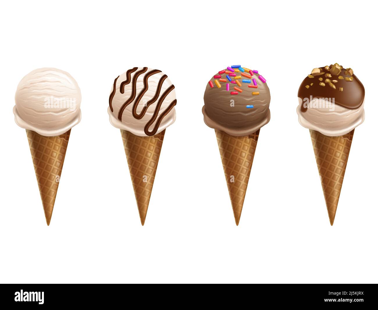 Ice Cream In Wafer Cones 3d Realistic Vector Illustration Isolated