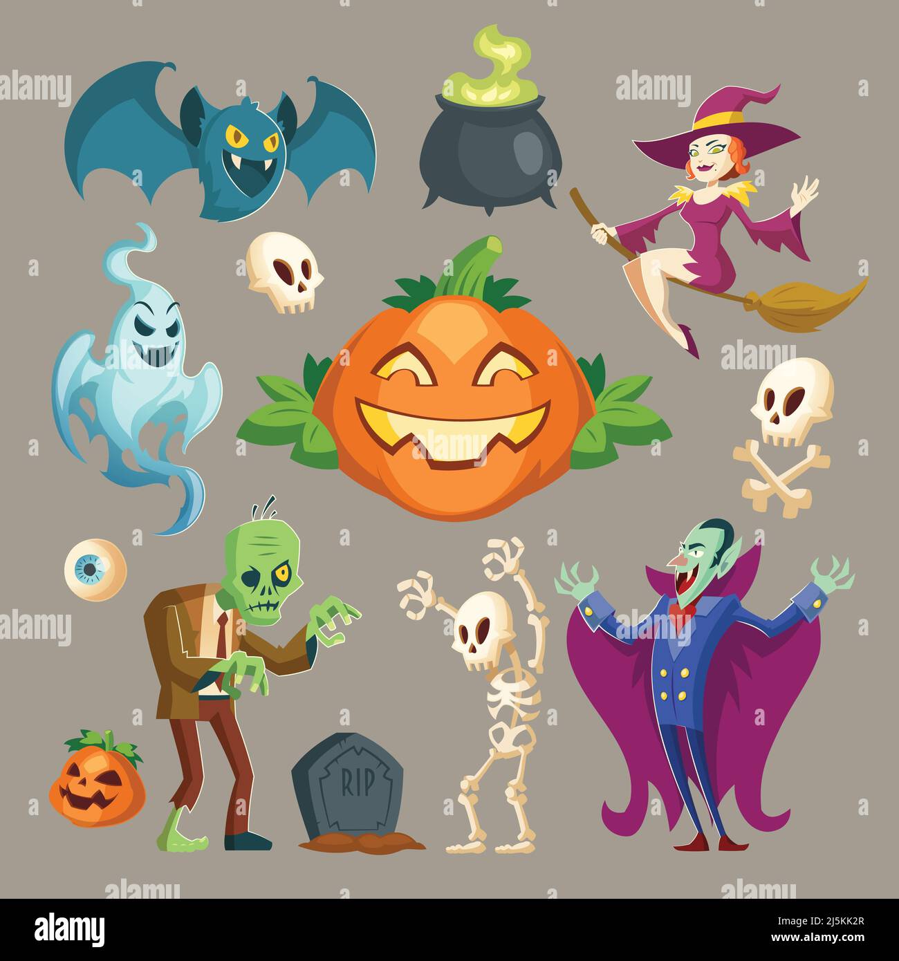 Vector Halloween characters - scary vampire, spooky green zombie and ...
