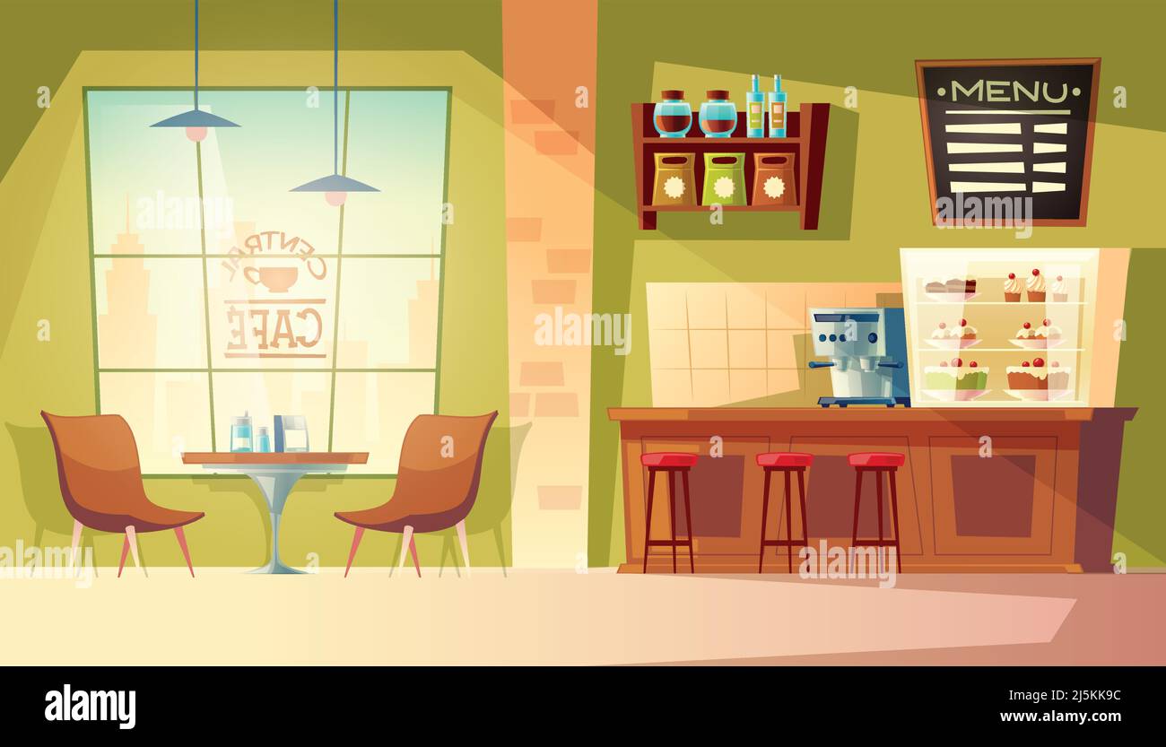 Vector cartoon cafe with window - cozy interior with coffee machine ...