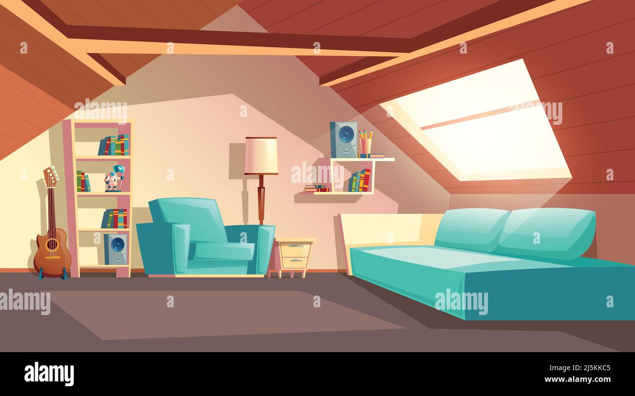 Vector cartoon background with empty garret room, modern loft apartment ...