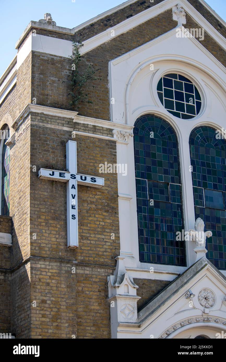 Jesus saves on a church in Bellenden road Stock Photo - Alamy