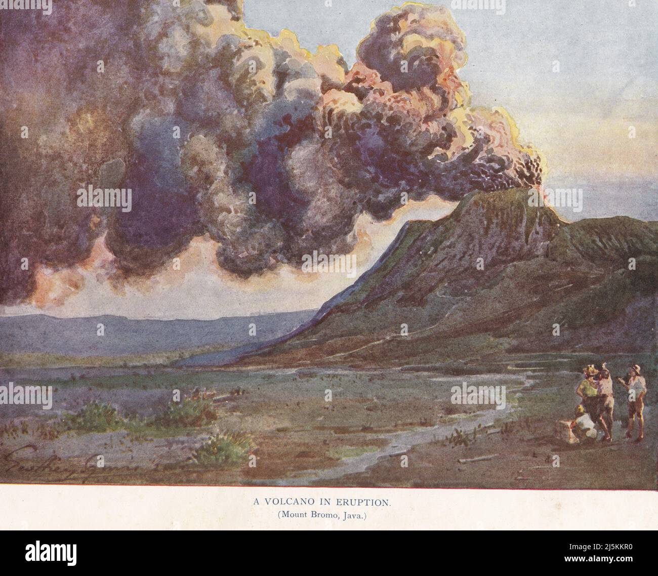 Vintage drawing of a volcano in eruption - Mount Bromo, Java Stock ...