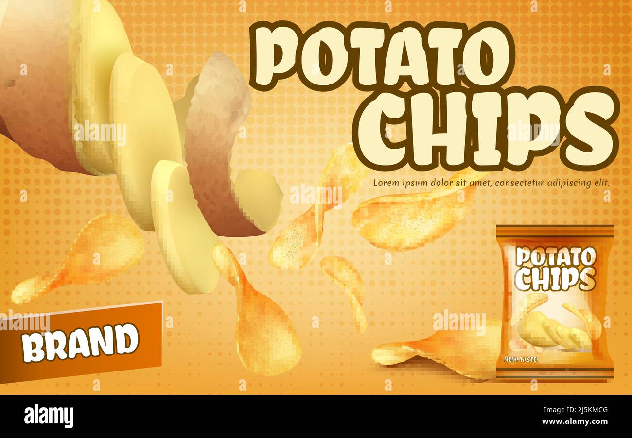Vector promotion banner with potato chips, foil package with crispy ...