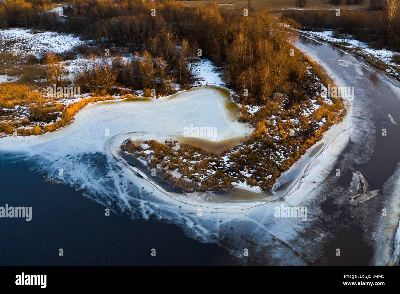 Aerial view. Scenic landscape of early spring nature. Melting ice on ...