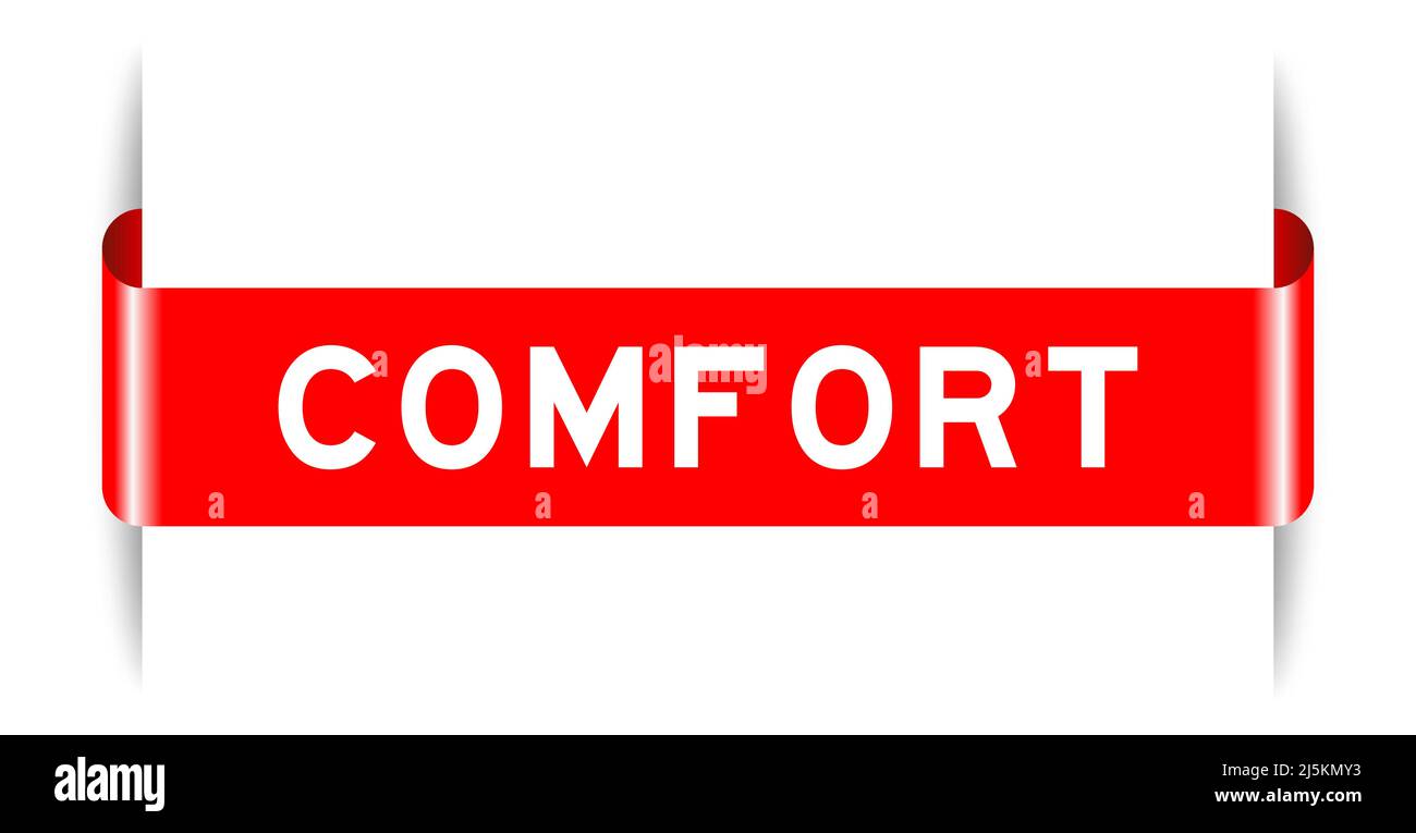 Red color inserted label banner with word comfort on white background ...