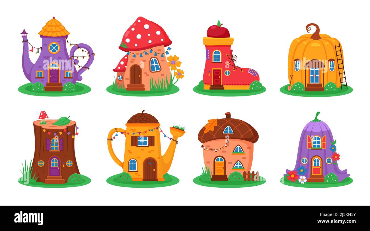 Cartoon fantasy houses. Cute fairy little homes, funny different shapes ...