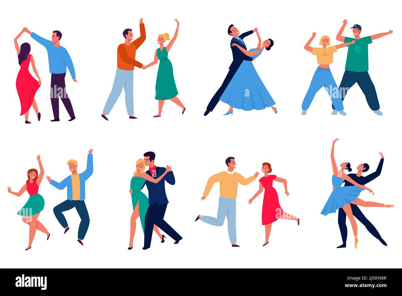 Cartoon dancing couples. Different dancers performing, happy persons in ...