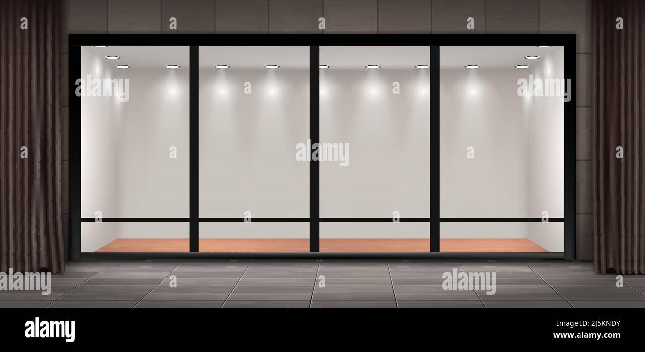 Vector illustration of storefront, glass illuminated showcase for ...