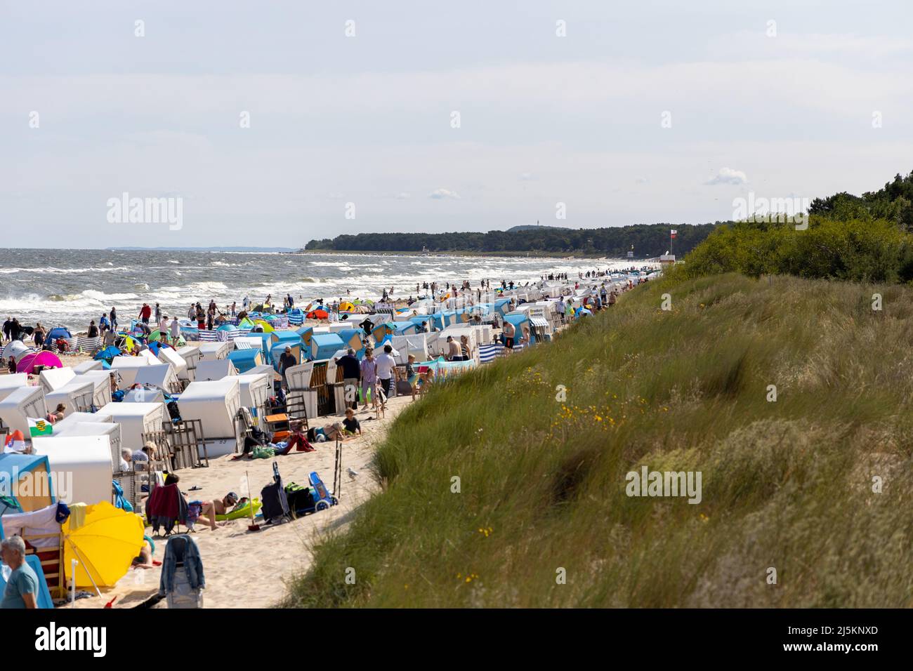 The view of the beach of Zempin on the island of Usedom with many beach ...