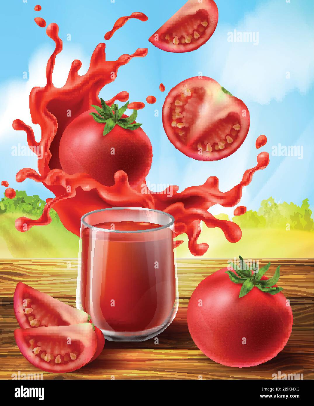 Vector 3d realistic promo banner with tomato juice in splashes, glass ...