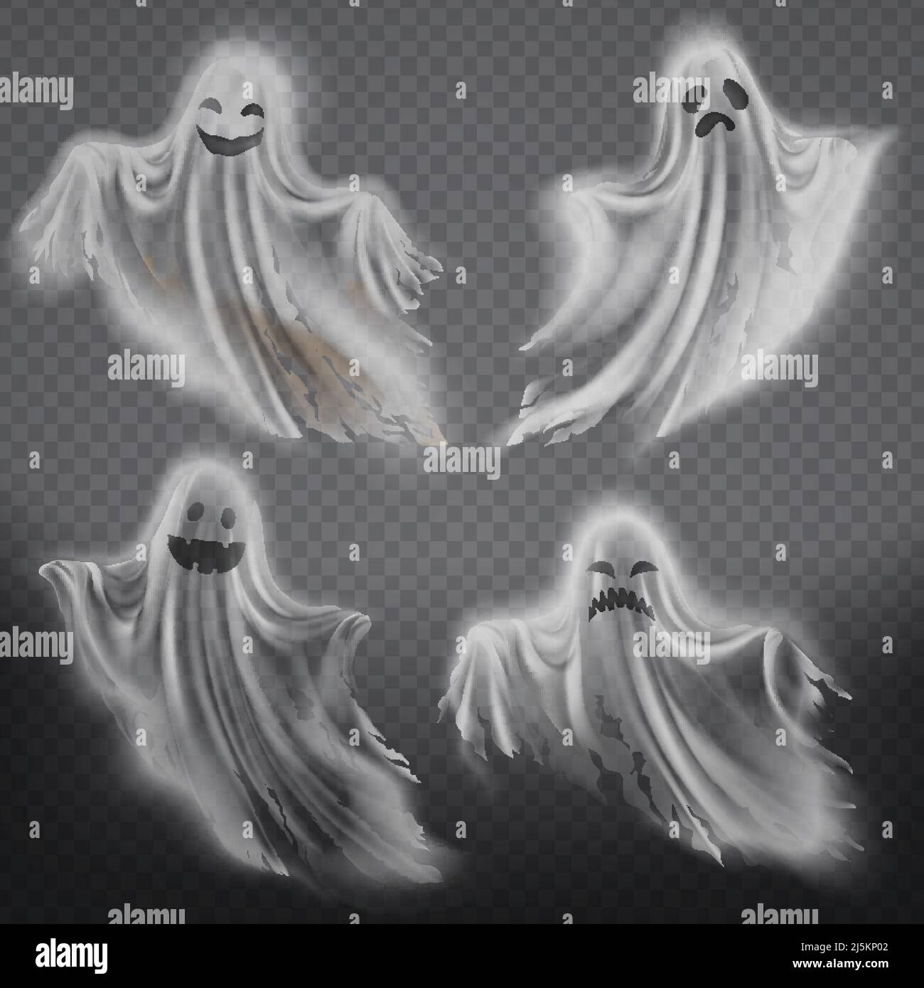 Vector set of translucent ghosts - happy, sad or angry, smiling phantom ...
