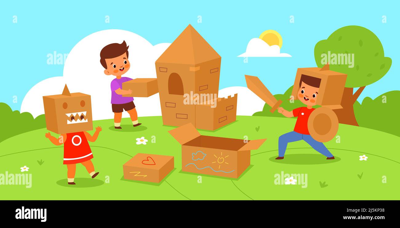 Kids play cardboard boxes. Children outdoor activity, funny game in ...