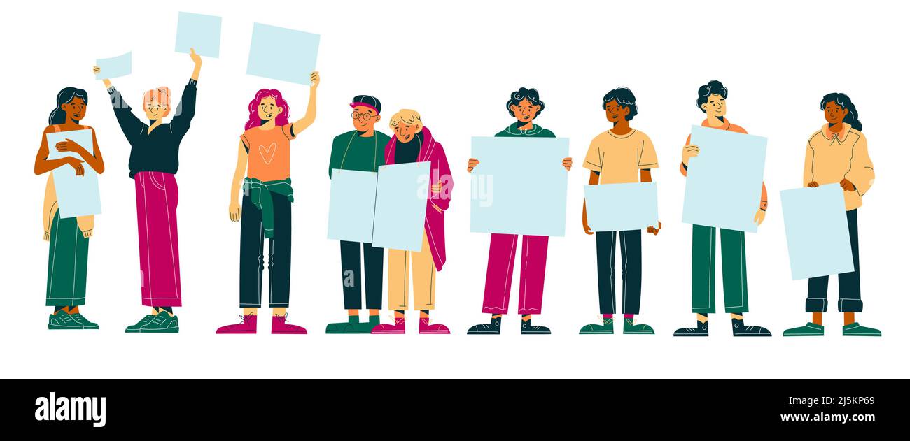 Protest people. Peaceful rally, multiracial men and women hold blank ...