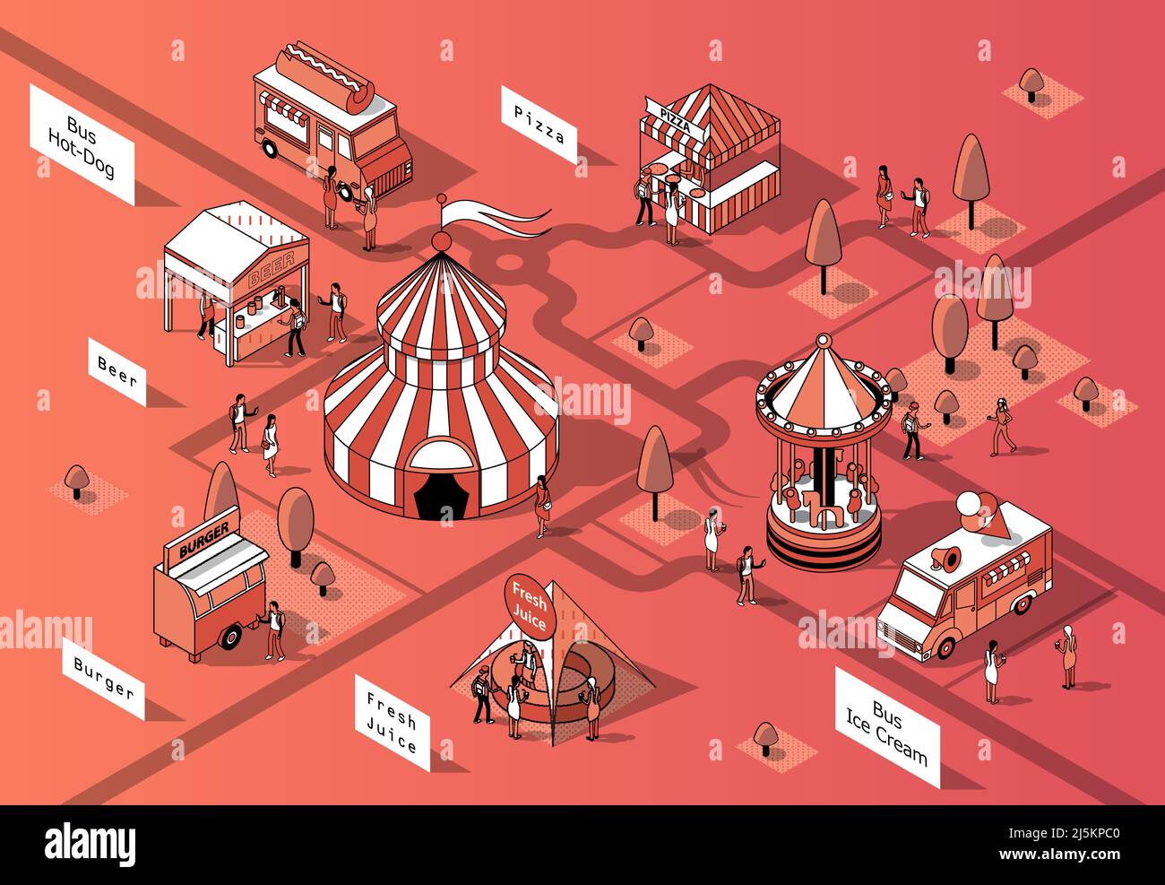 Vector 3d isometric food festival, courts and trucks. Circus in middle ...