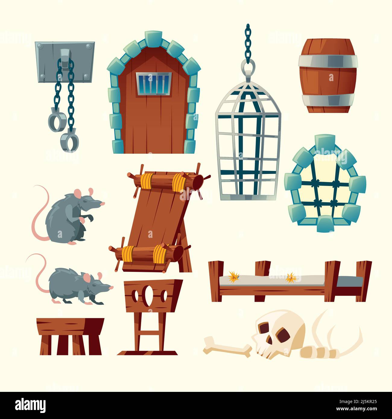 Vector cartoon set of medieval prison, torture objects - rack, shackles ...