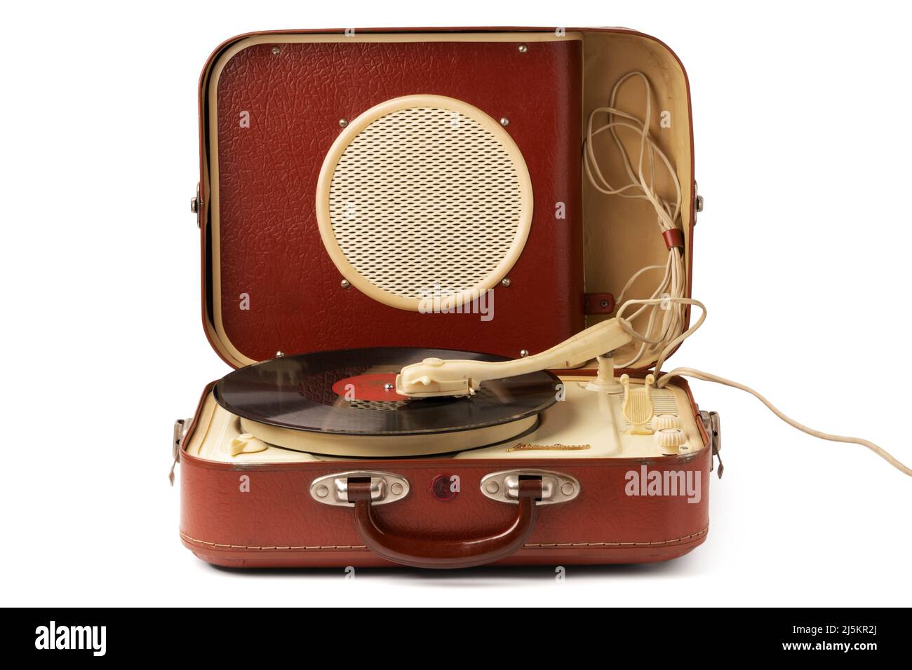 Vintage portable record player in suitcase isolated on white Stock ...