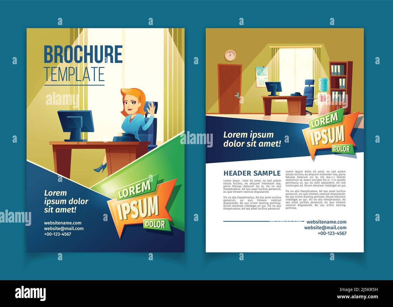 Vector brochure template with cartoon illustration of office with ...