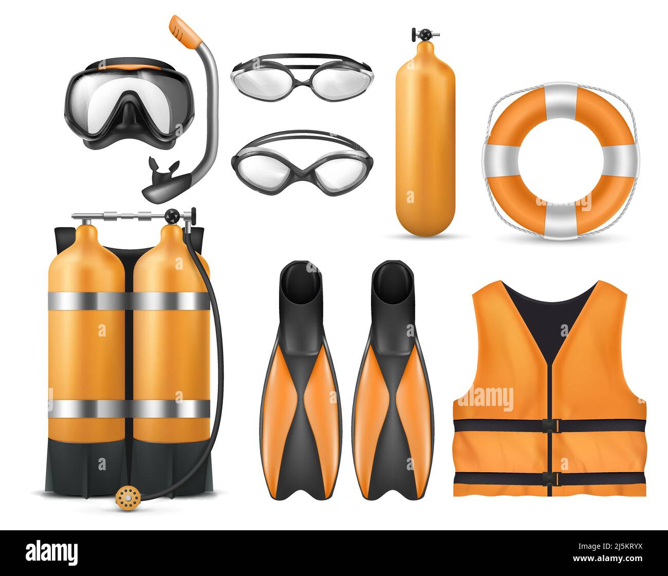 Vector realistic set of diving equipment, snorkeling mask, flippers ...