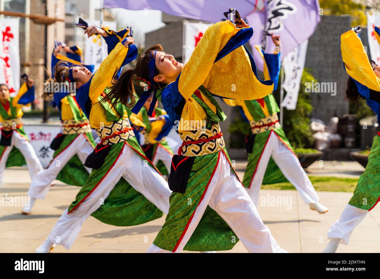 Japanese team of Yosakoi dancers dancing in yukata tunics and holding ...
