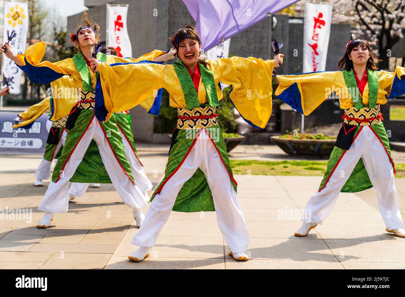 Japanese team of Yosakoi dancers dancing in yukata tunics and holding ...
