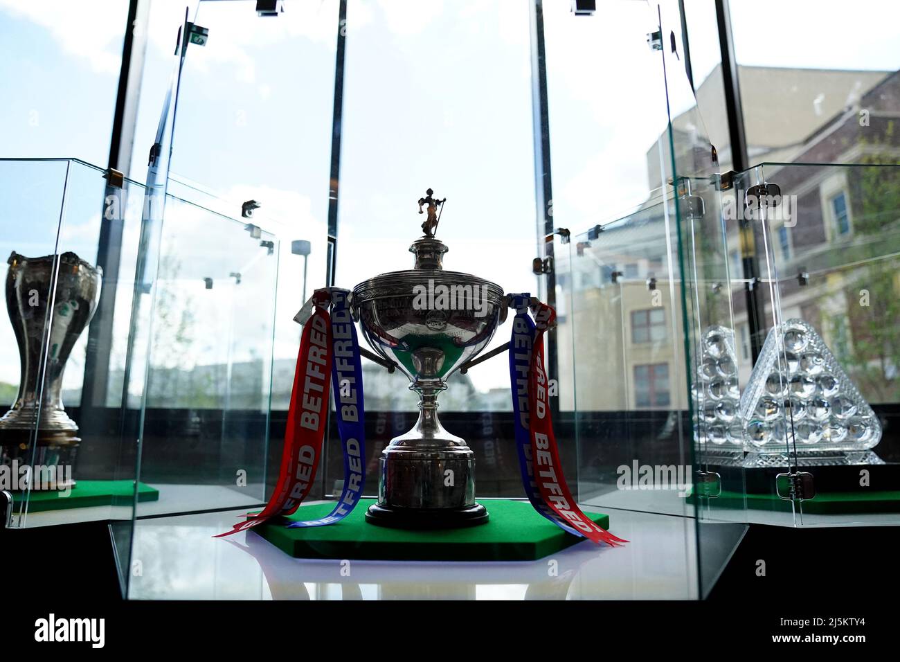 A general view of the Betfred World Snooker Championships trophy at The ...