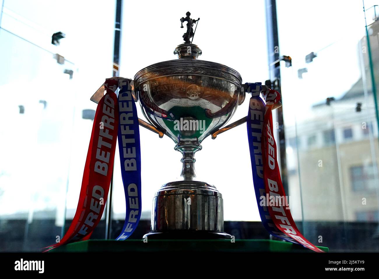 A general view of the Betfred World Snooker Championships trophy at The ...