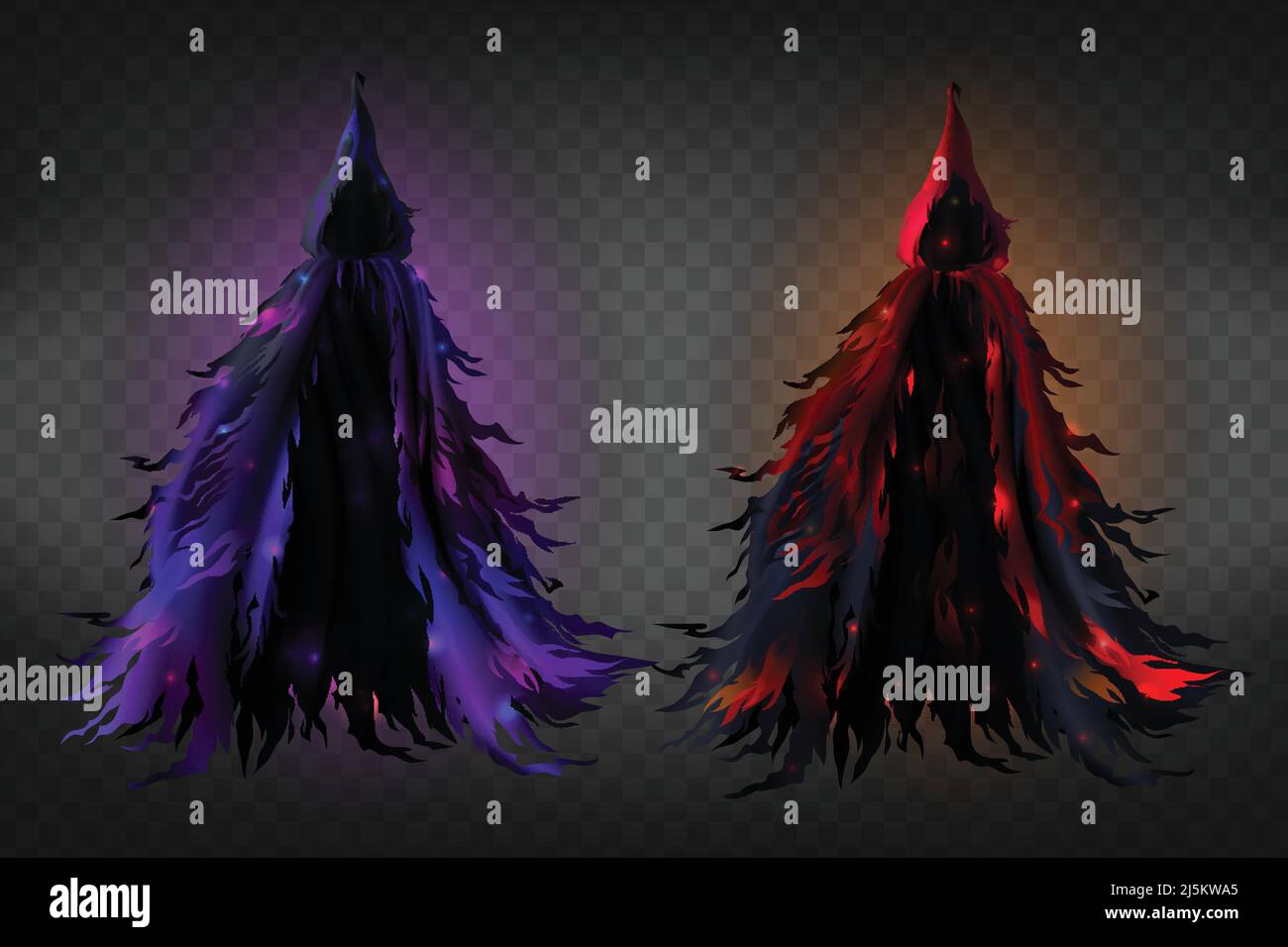 Vector realistic witch costume with hood, black ragged cape with red ...