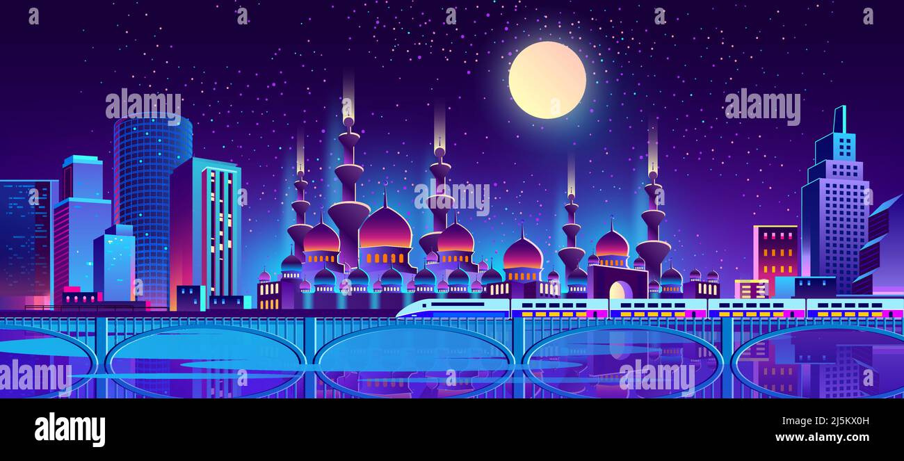 Vector background with night city illuminated with neon glowing lights ...