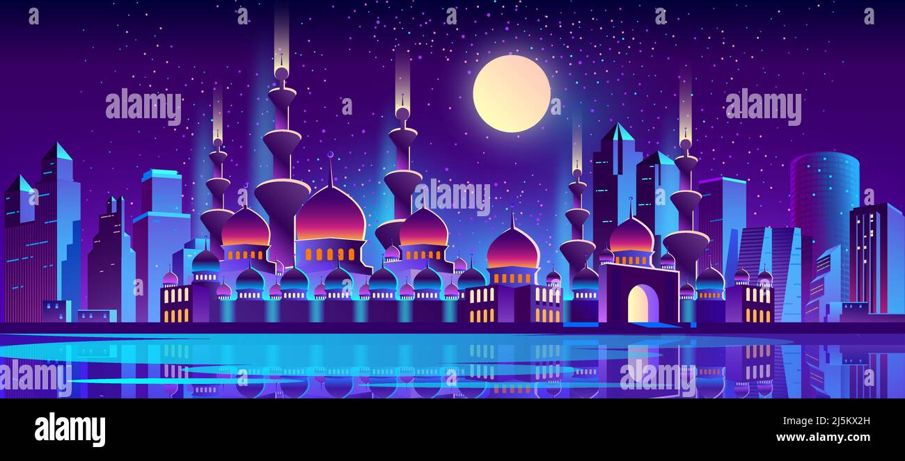 Vector background with night city illuminated with neon glowing lights ...