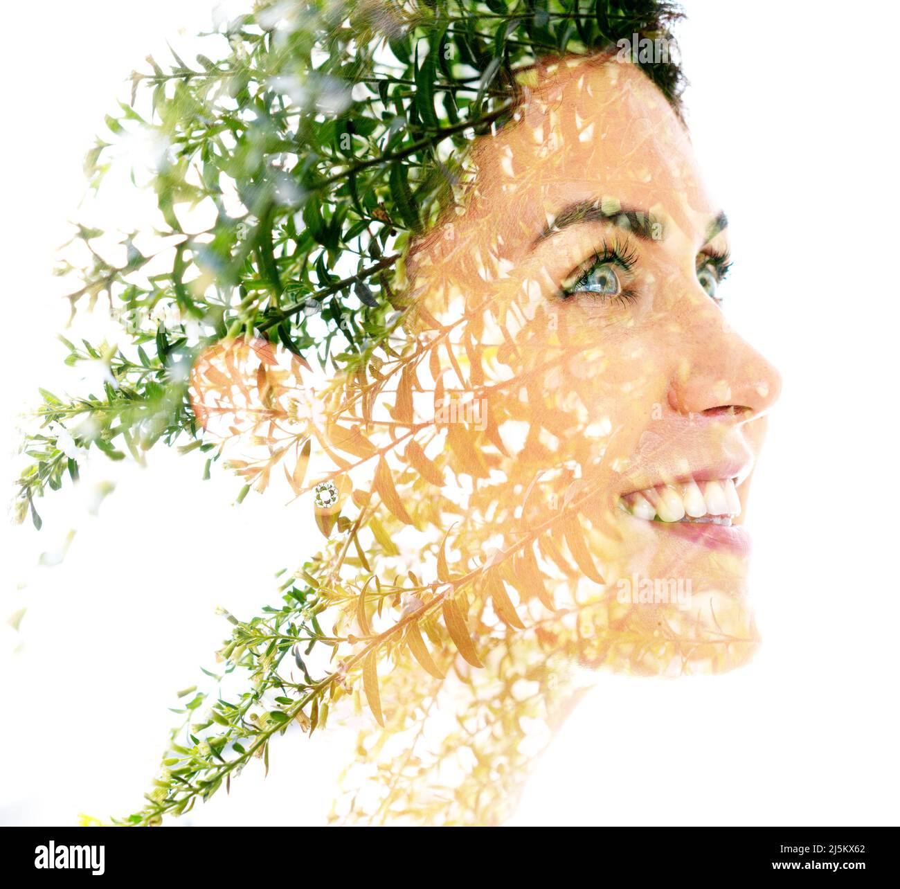 A double exposure portrait of a beautiful woman isolated on a white ...