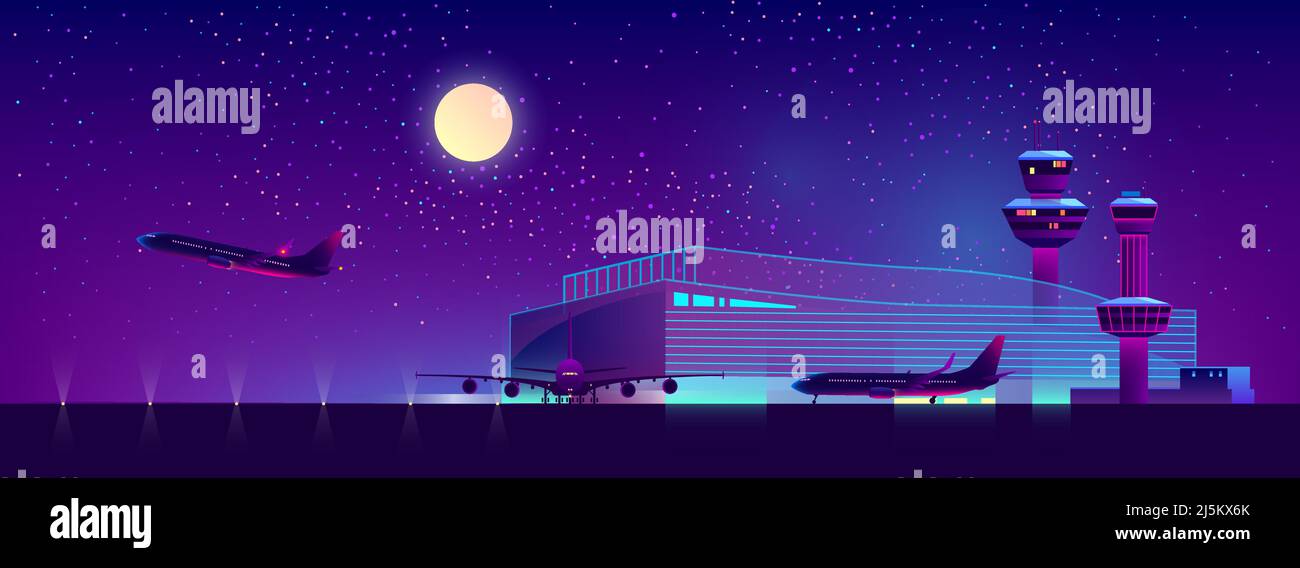 Vector background of night airport with takeoff of the plane in ...